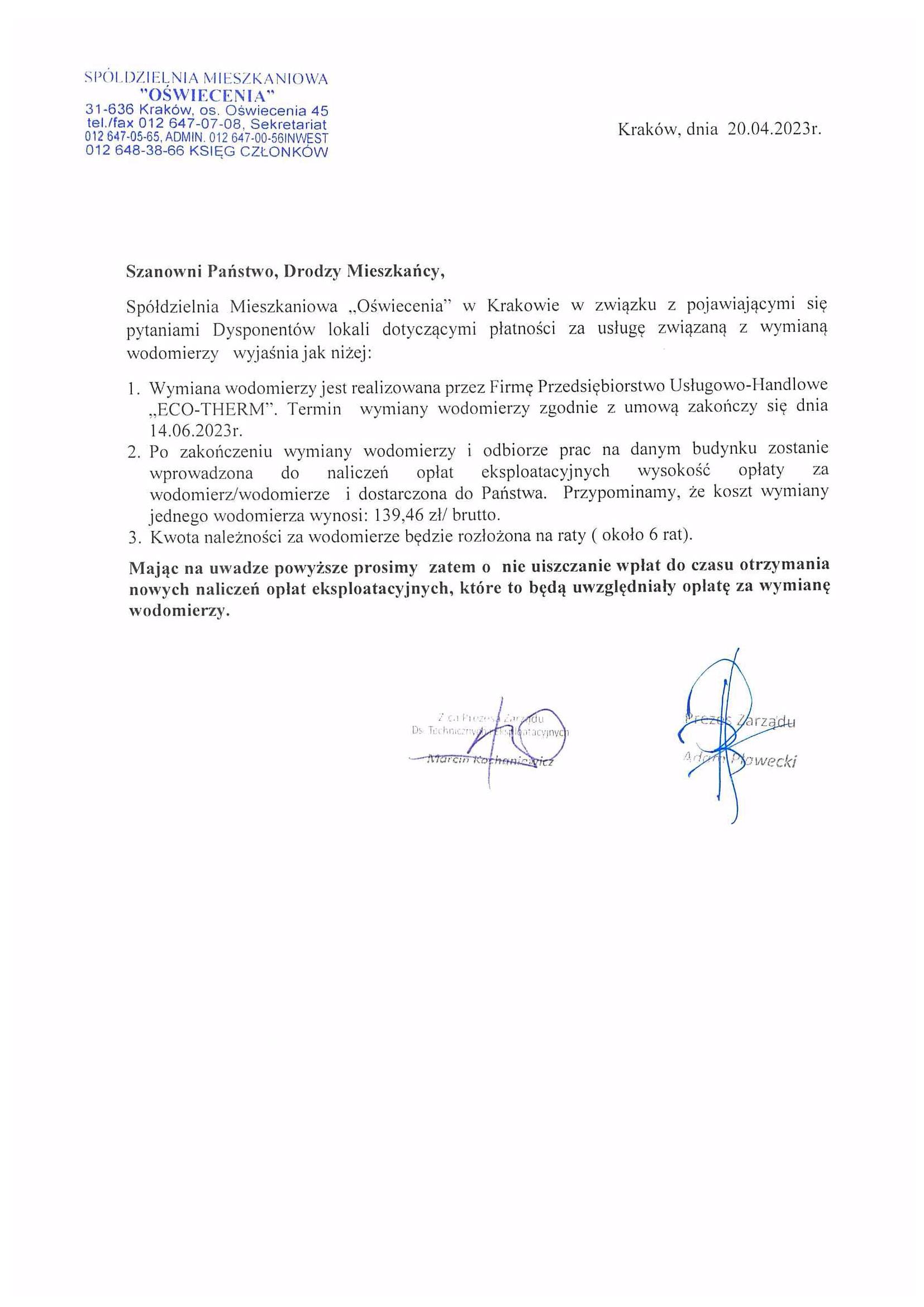 Rozliczenie wodomierzy - informacje o płatności - SM Oświecenia w Krakowie Rozliczenie wodomierzy - informacje o płatności - SM Oświecenia w Krakowie