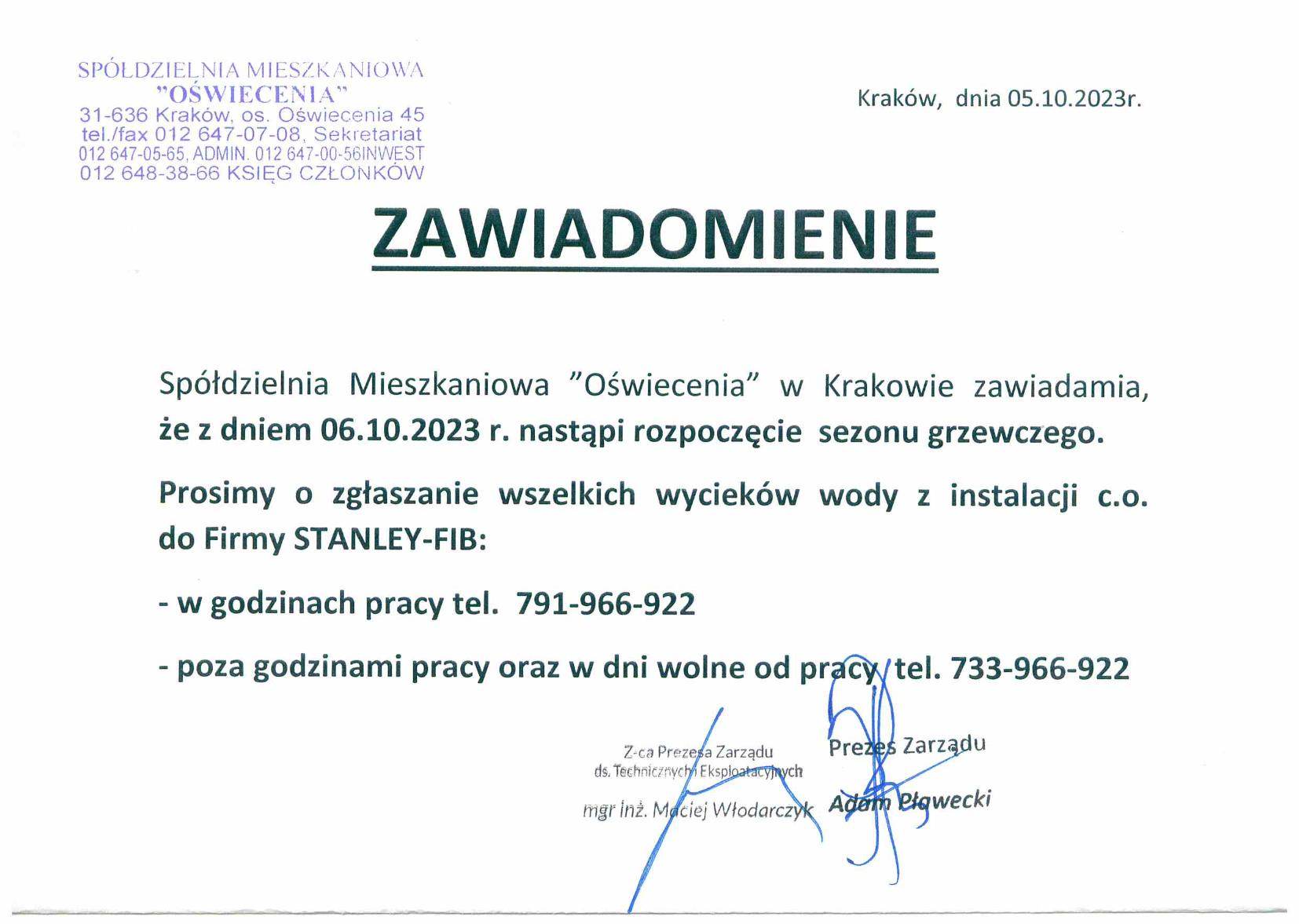 Rozpoczęcie sezonu grzewczego 2023/2024 r. - SM Oświecenia w Krakowie